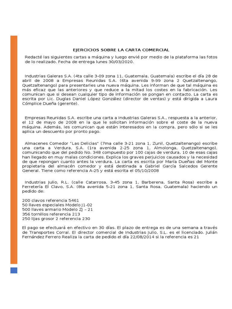 Ejercicios Sobre La Carta Comercial | PDF