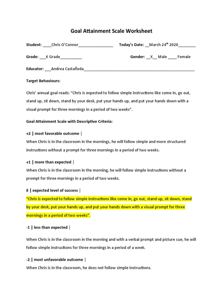 Goal Attainment Scale Worksheet | PDF