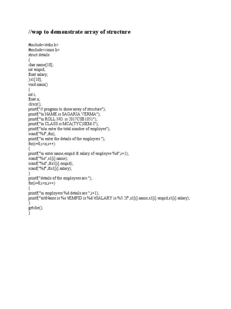 wap To Demonstrate Array of Structure | PDF