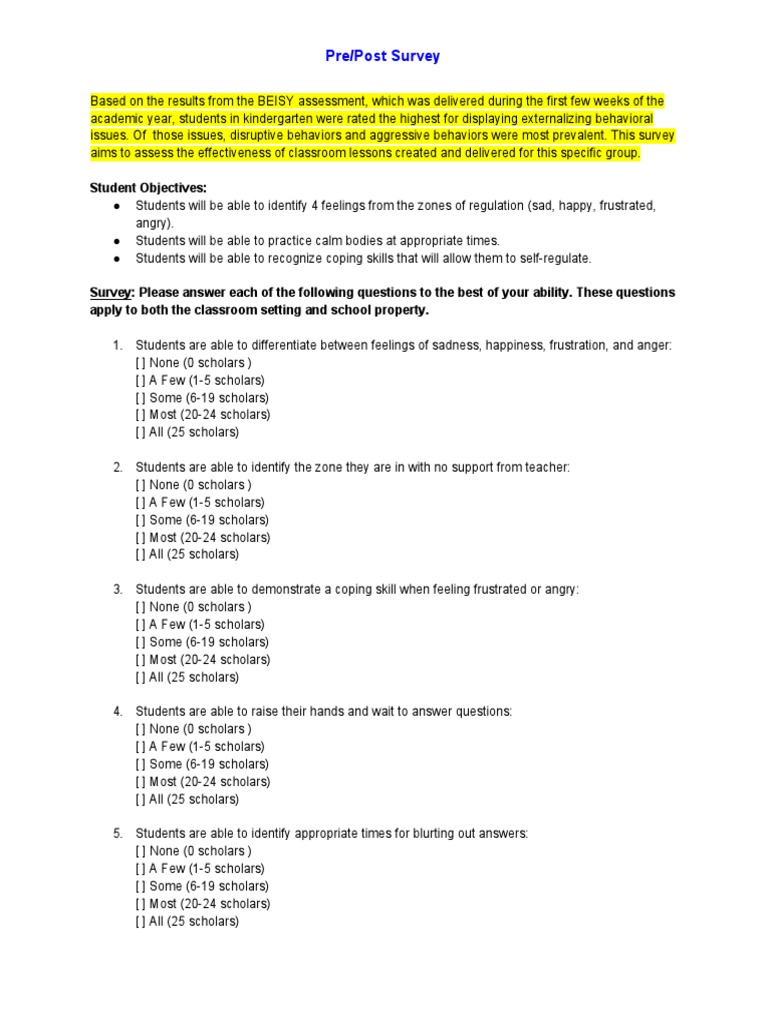Pre/Post Survey for Classroom Behavior | PDF | Career & Growth