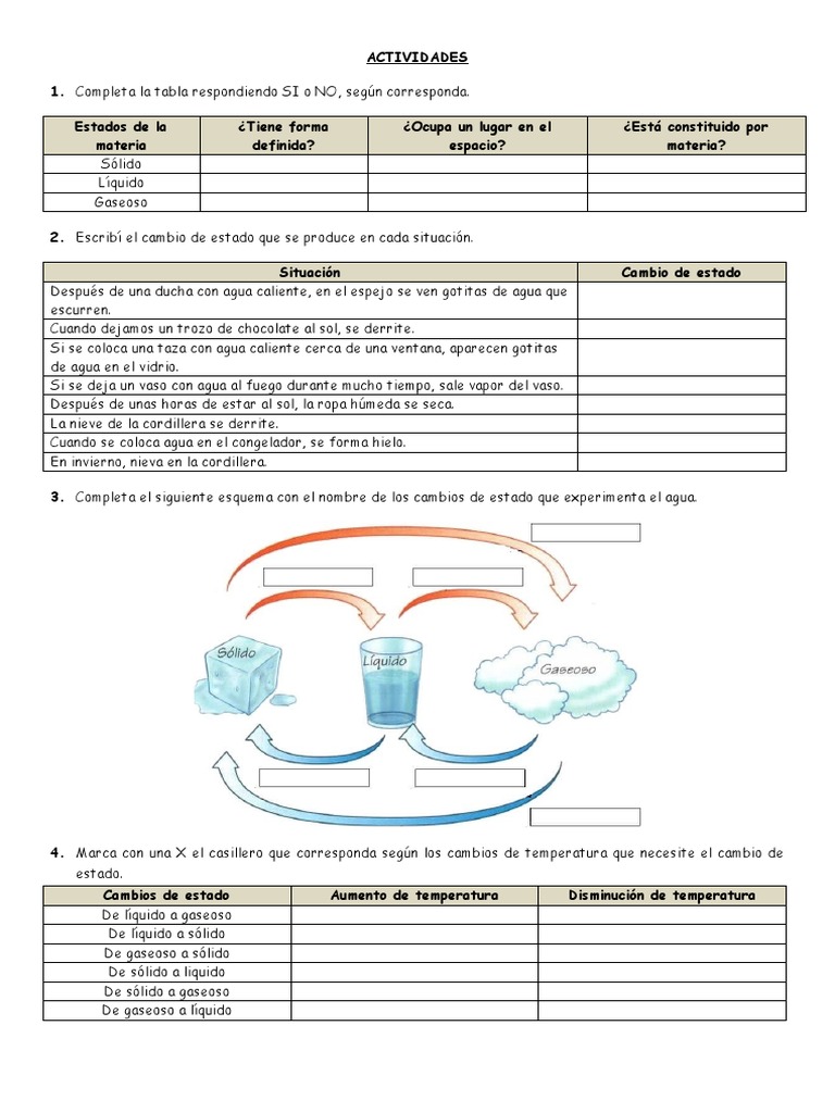 Actividades sobre Estados y Cambios de Materia | PDF | Ciencia y ...