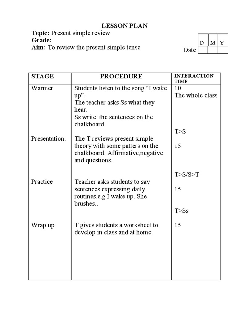 Lesson Plan Tepic: Present Simple Review Grade: Aim: To Review The ...