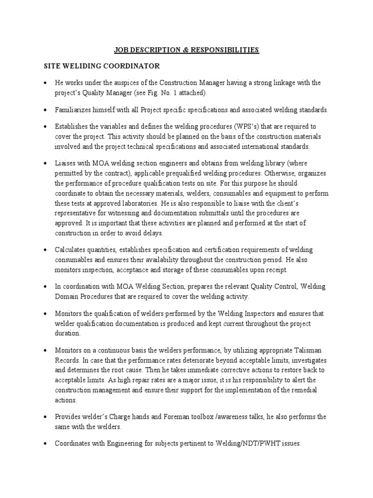 CCC - Welding Eng. - Job Description Responsibilities | PDF | Welding ...