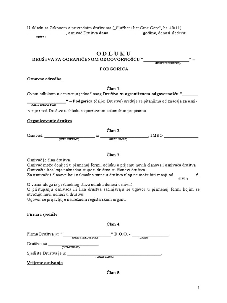 ODLUKA o Osnivanju DOO | PDF