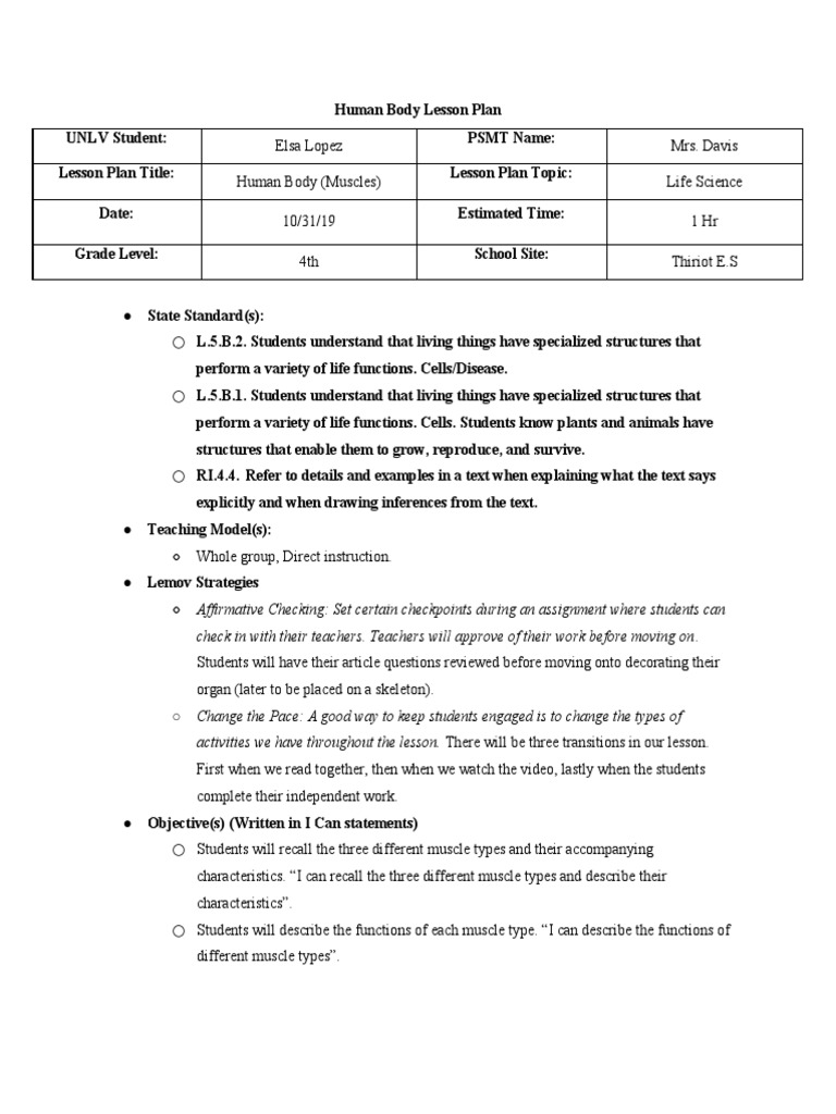 Human Body Muscles Lesson Plan | PDF | Lesson Plan | Teachers