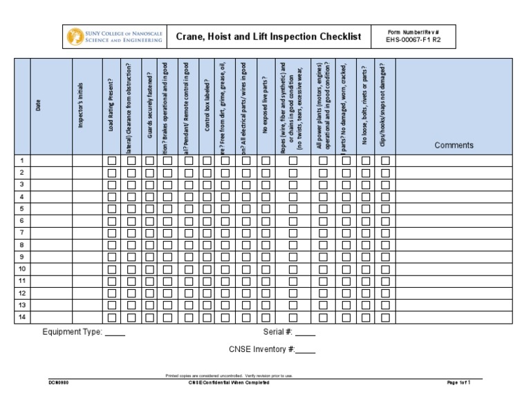 Crane, Hoist and Lift Inspection Checklist | PDF | Equipment ...