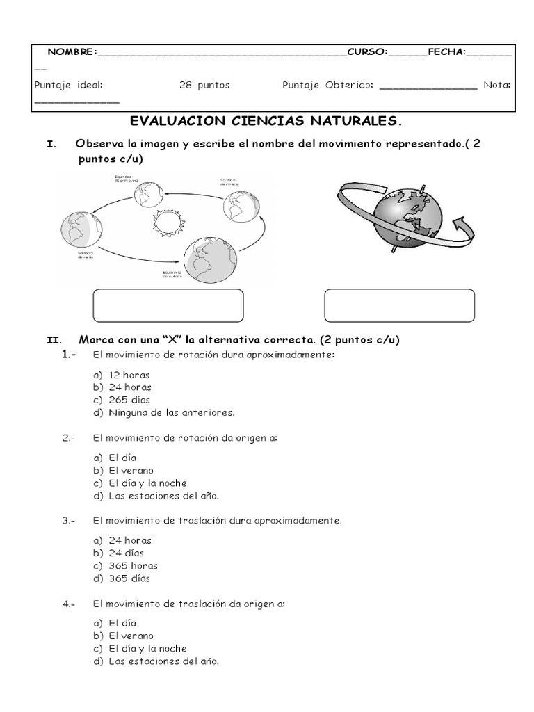 Evaluación sobre Rotación y Traslación | PDF | Tierra | Science