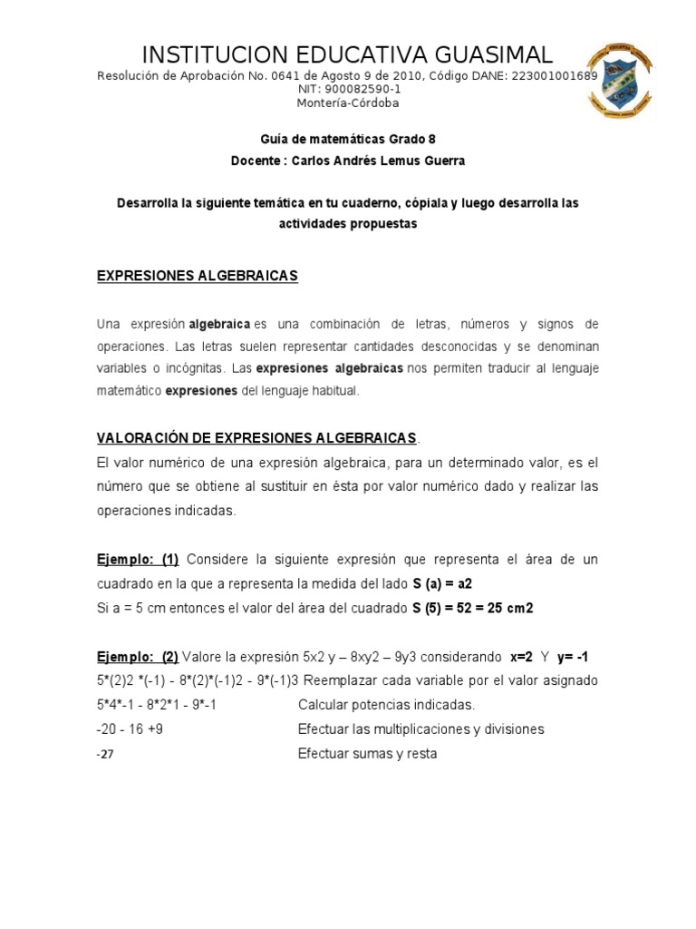 Guía de Matemáticas Grado 8: Expresiones Algebraicas | PDF