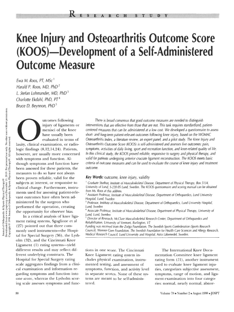 1998 Knee Injury and Osteoarthritis Outcome Score (KOOS) - Development ...