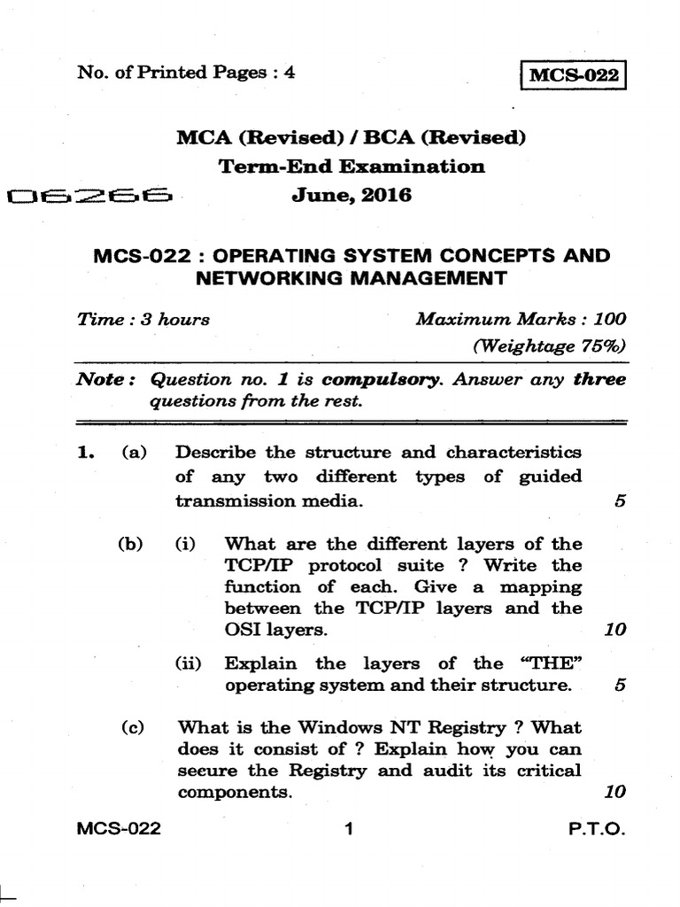 MCA (Revised) / BCA (Revised) Term-End Examination June, 2016 | PDF | Windows 2000 | Network ...