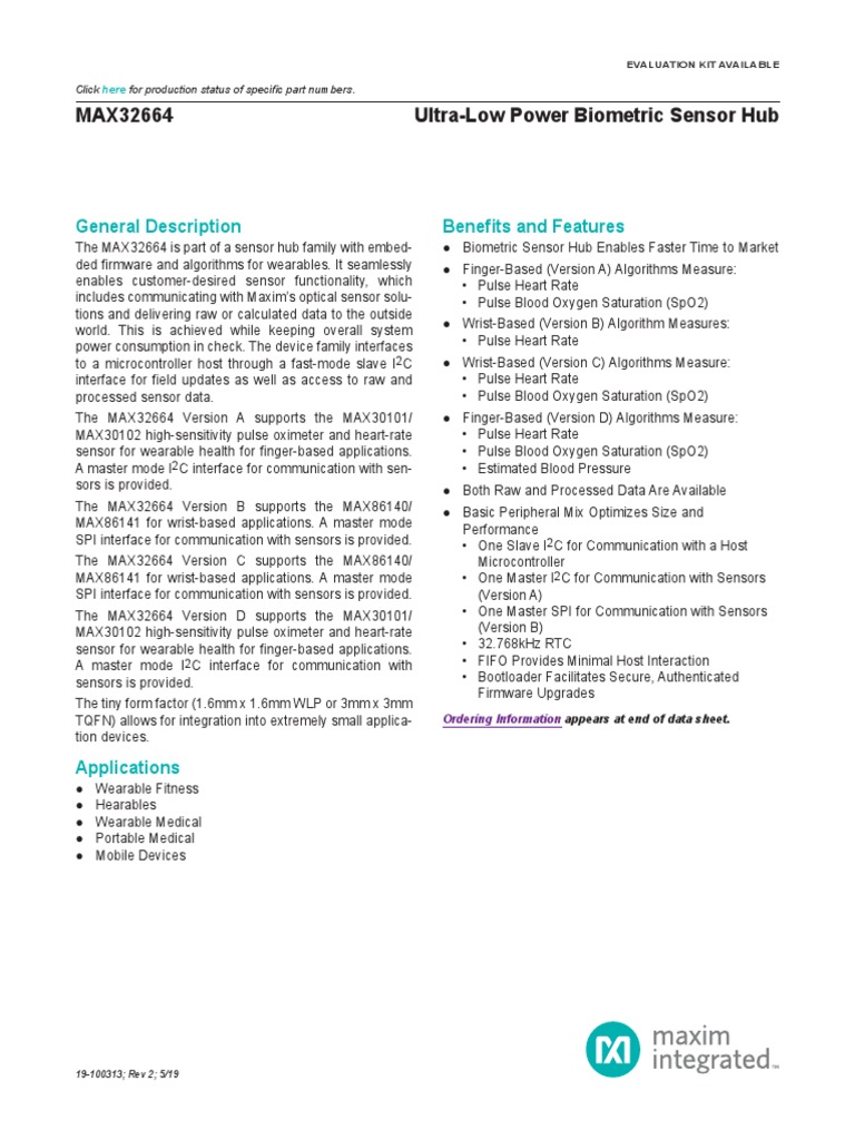MAX32664 Ultra-Low Power Biometric Sensor Hub: General Description ...