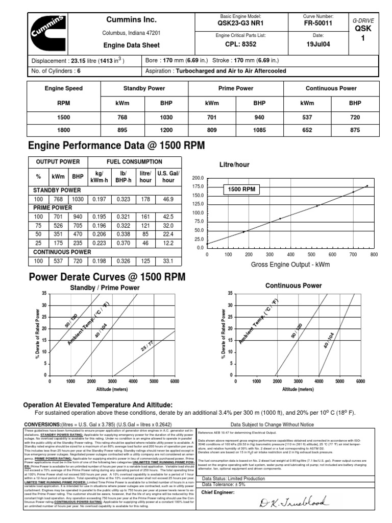 Cummins QSK23-G3 Engine Data Sheet | PDF | Horsepower | Fuel Injection