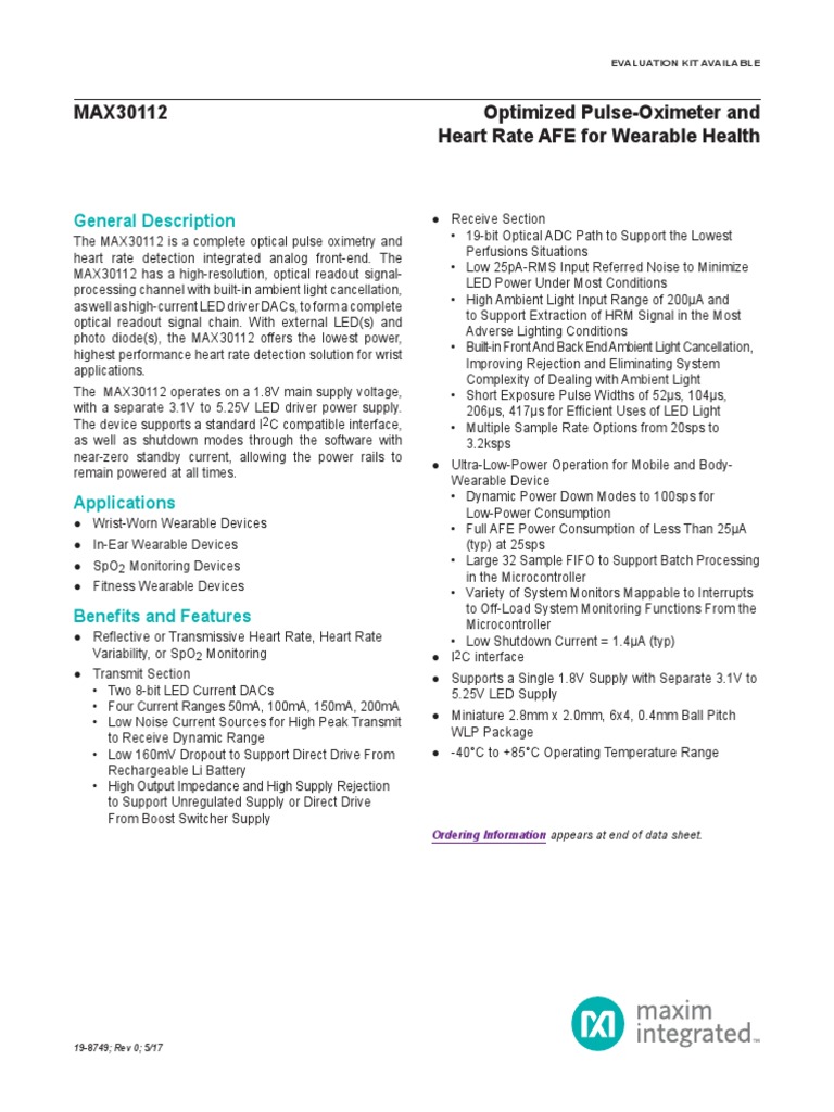 MAX30112 Optimized Pulse-Oximeter and Heart Rate AFE For Wearable ...