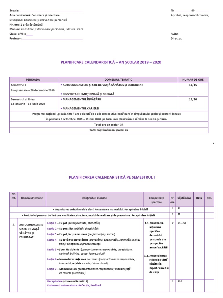 Planificare - Consiliere Și Dezvoltare Personală Cls. A VII-a PDF | PDF