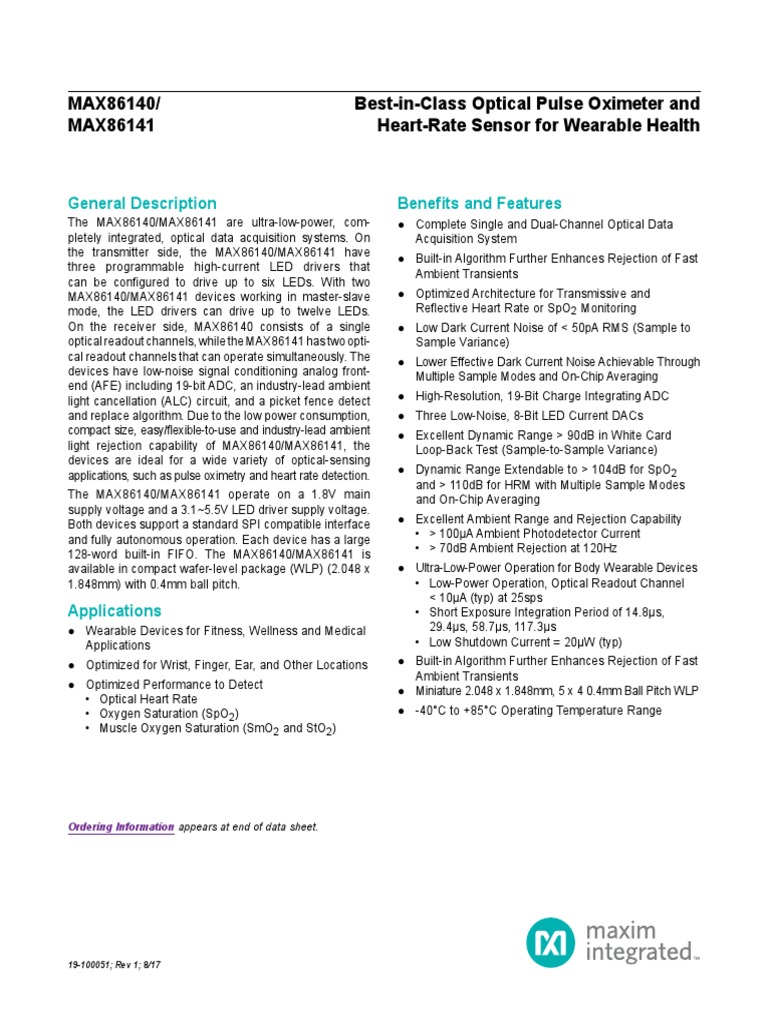 MAX86140/ MAX86141 Best-in-Class Optical Pulse Oximeter and Heart-Rate ...