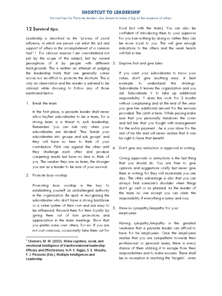 Parasite Leader - Survival Tips | PDF | Leadership | Behavioural Sciences