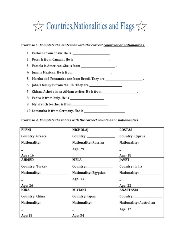 Countries Nationalities Extra Exercises | PDF