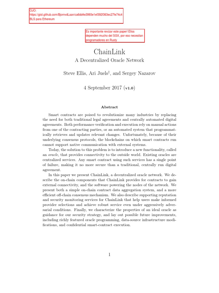 Chainlink: A Decentralized Oracle Network Steve Ellis, Ari Juels, and ...