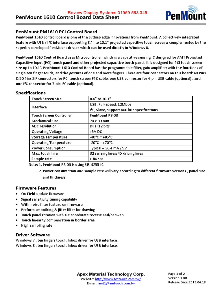 Penmount 1610 Control Board Data Sheet | PDF | Touchscreen | Usb