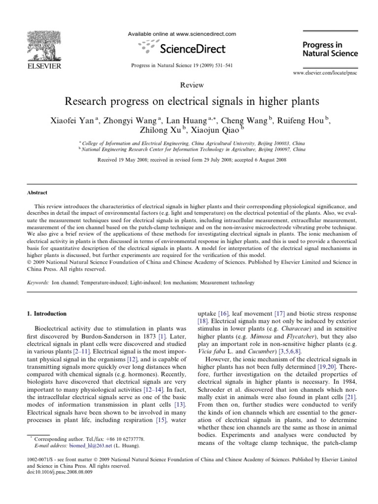 Research Progress On Electrical Signals in Higher Plants | PDF ...