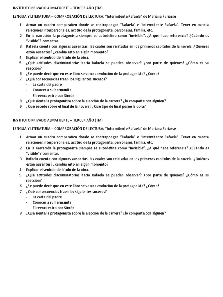 Comprobación de Lectura - Intermitente Rafaela | PDF