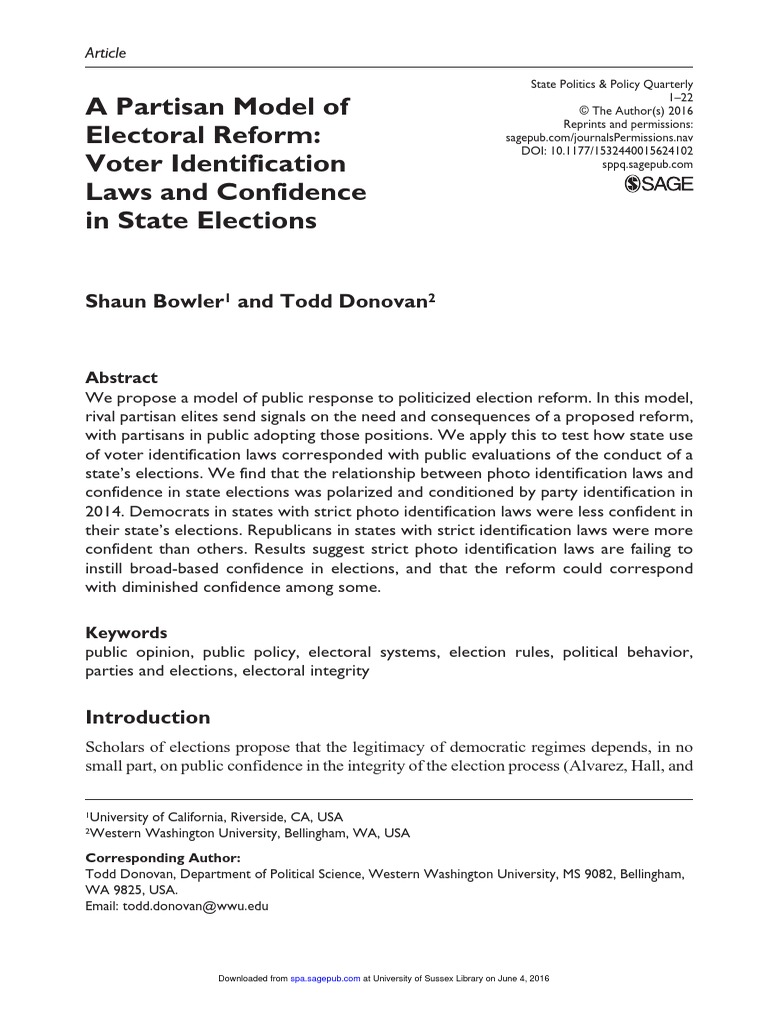 A Partisan Model of Electoral Reform: Voter Identification Laws and ...