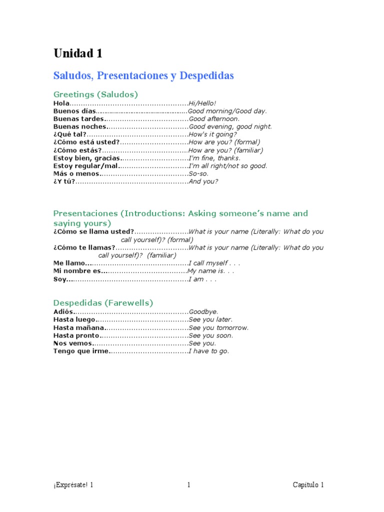 Vocabulario Unidad 1 (Saludos, Presentations y Despedidas) | PDF ...