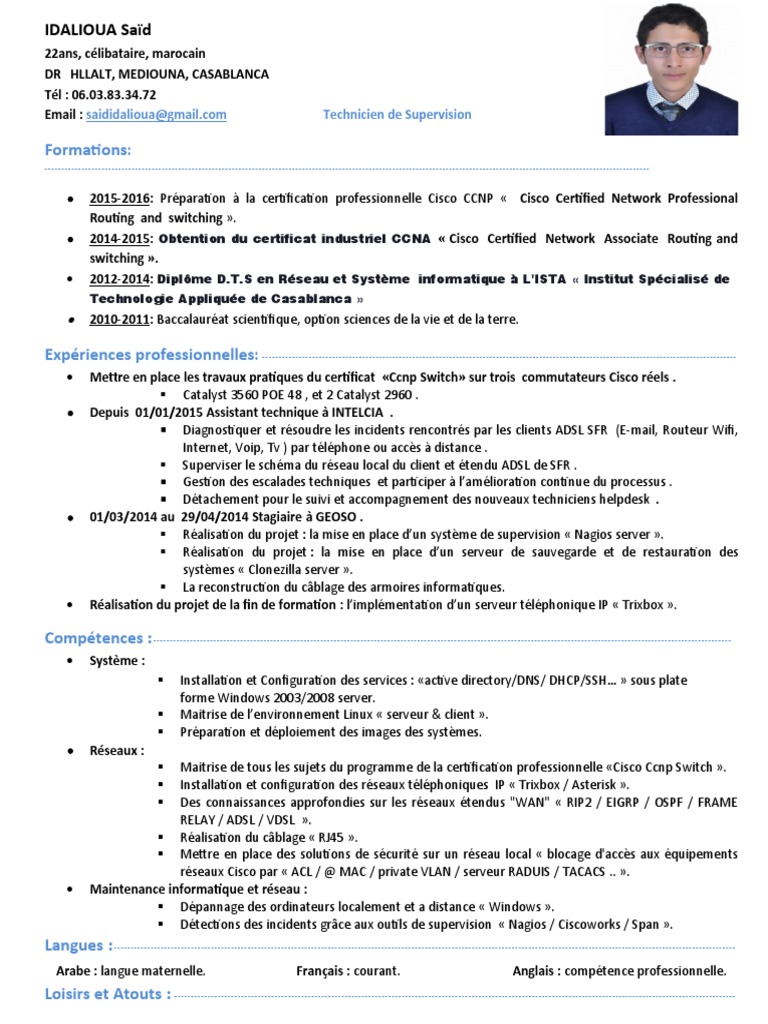 CV Technicien de Supervision Cisco | PDF | Cisco Career Certifications ...