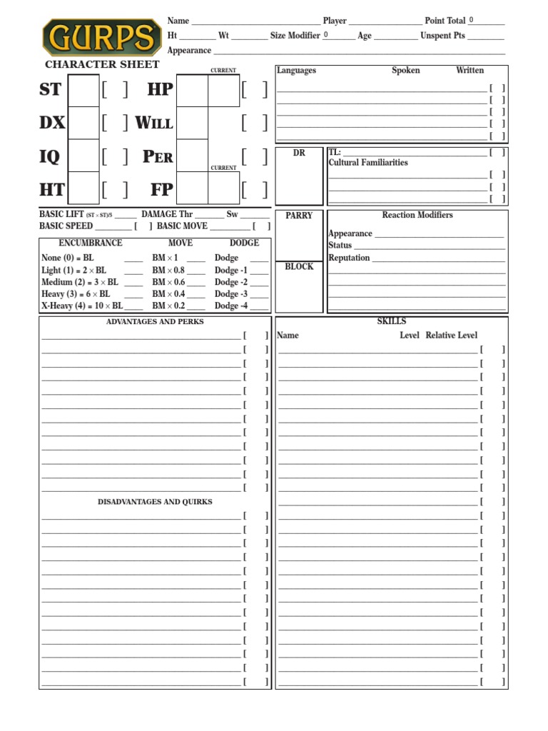 GURPS - Character Sheet Expanded PDF | PDF | Role Playing Games | Leisure