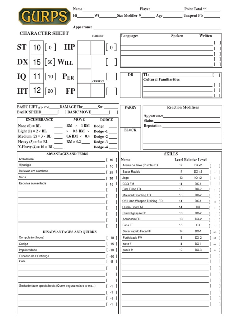 GURPS - Character Sheet Expanded 1-Convertido 1 PDF | PDF | Role Playing Games | Role Playing