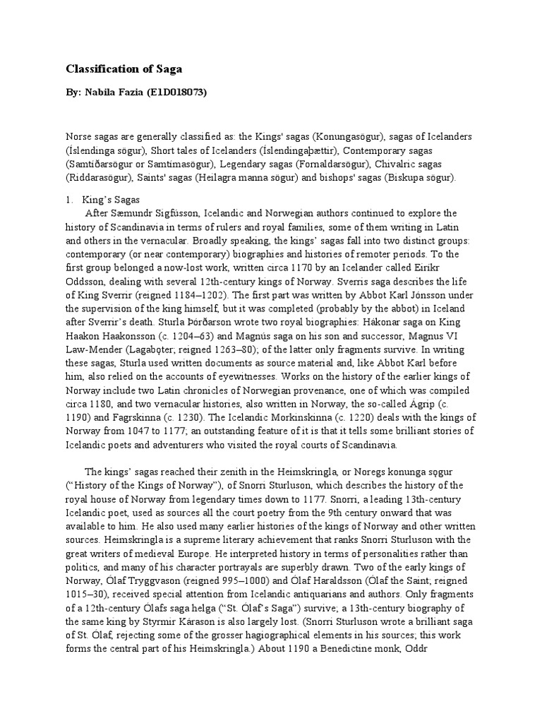 Classification of Saga | PDF | Saga | Scandinavian Folklore