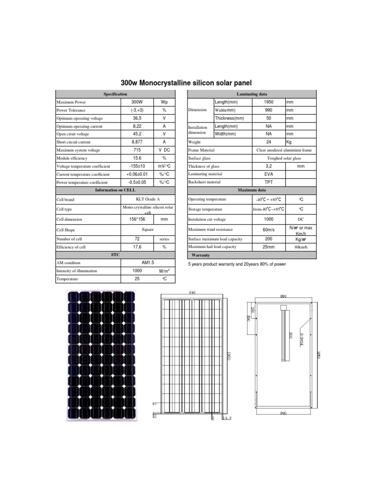 300w Monocrystalline Silicon Solar Panel: Specification Laminating Data ...