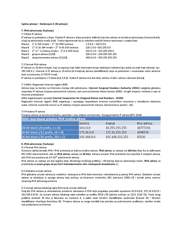 Racunarske Mreze Kolokvijum II Ispitna Pitanja | PDF