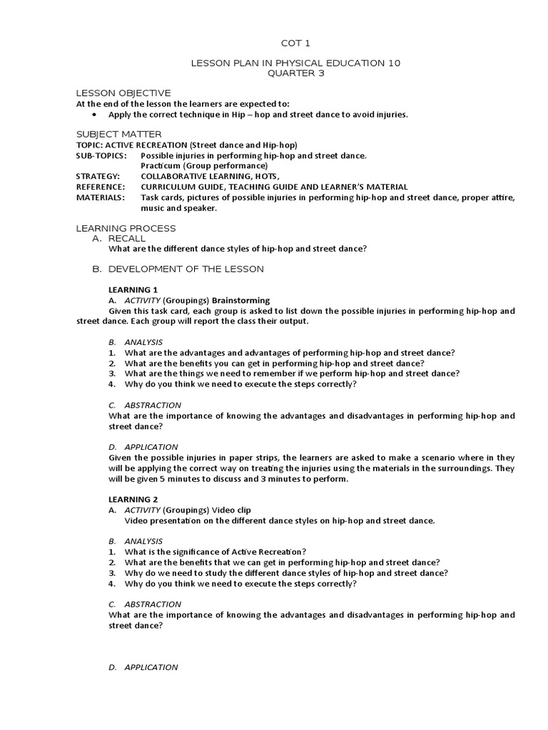 COT 1 in PHYSICAL EDUCATION | PDF | Hip Hop | Lesson Plan