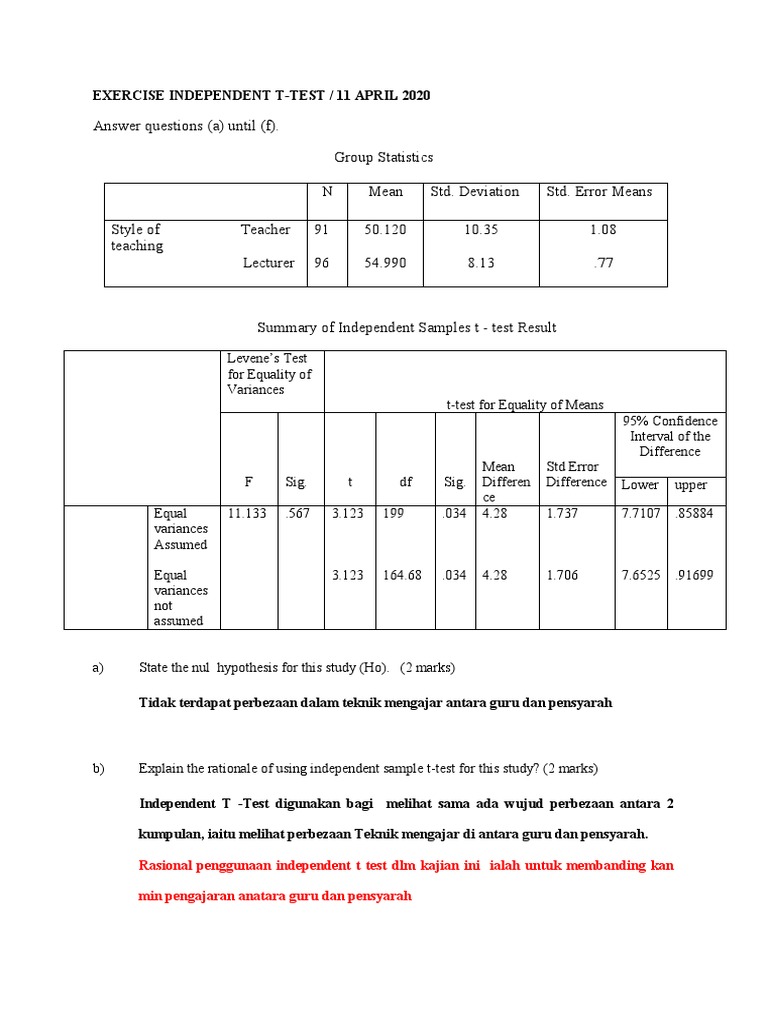 Jawapan EXERCISE INDEPENDENT T TEST | PDF
