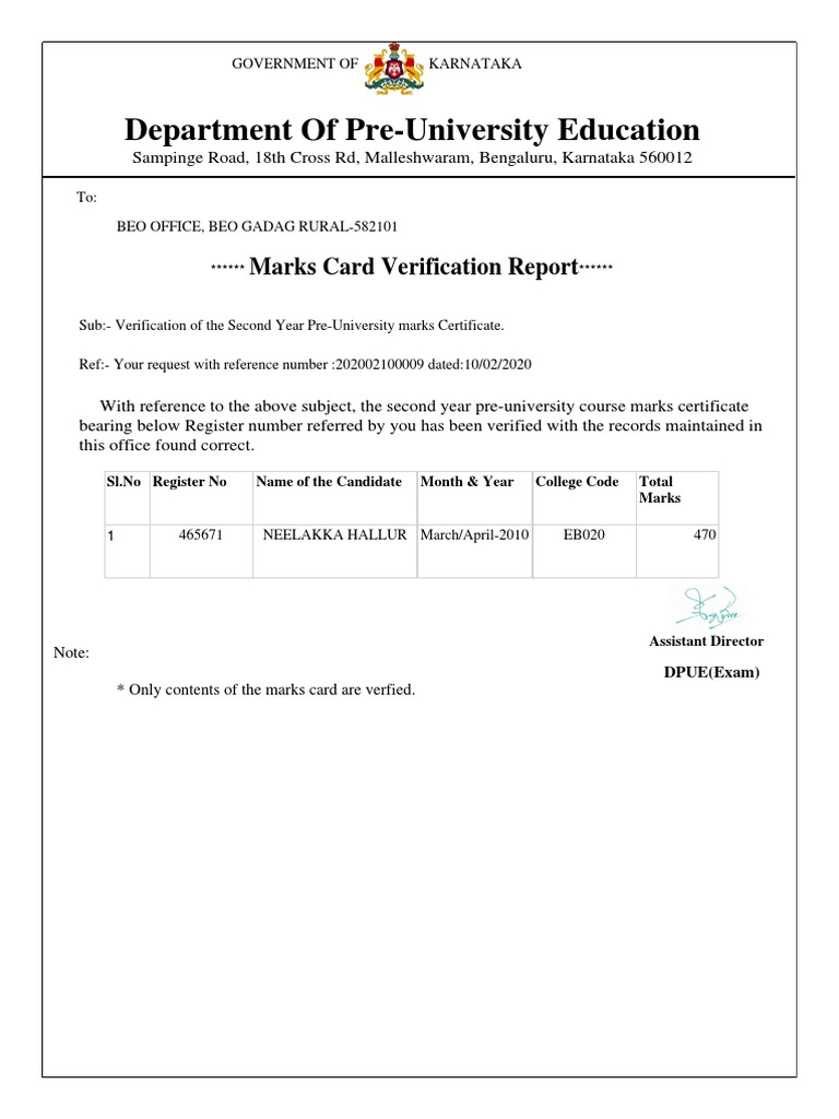 Department of Pre-University Education: Marks Card Verification Report ...
