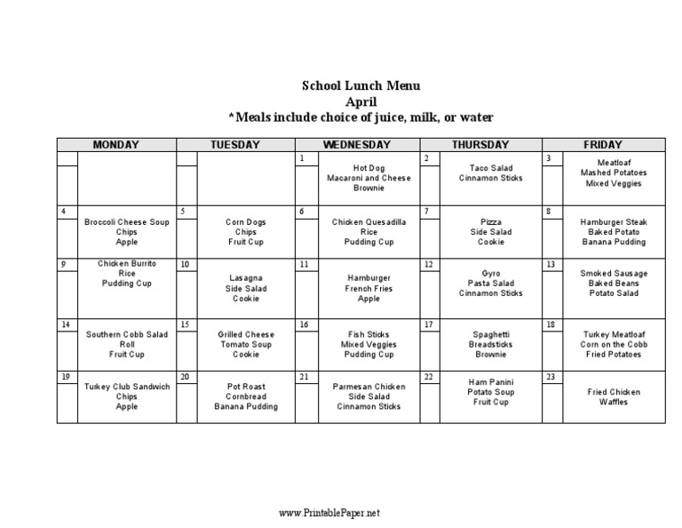 School Lunch Menu Template | PDF | Lunch | Hamburgers