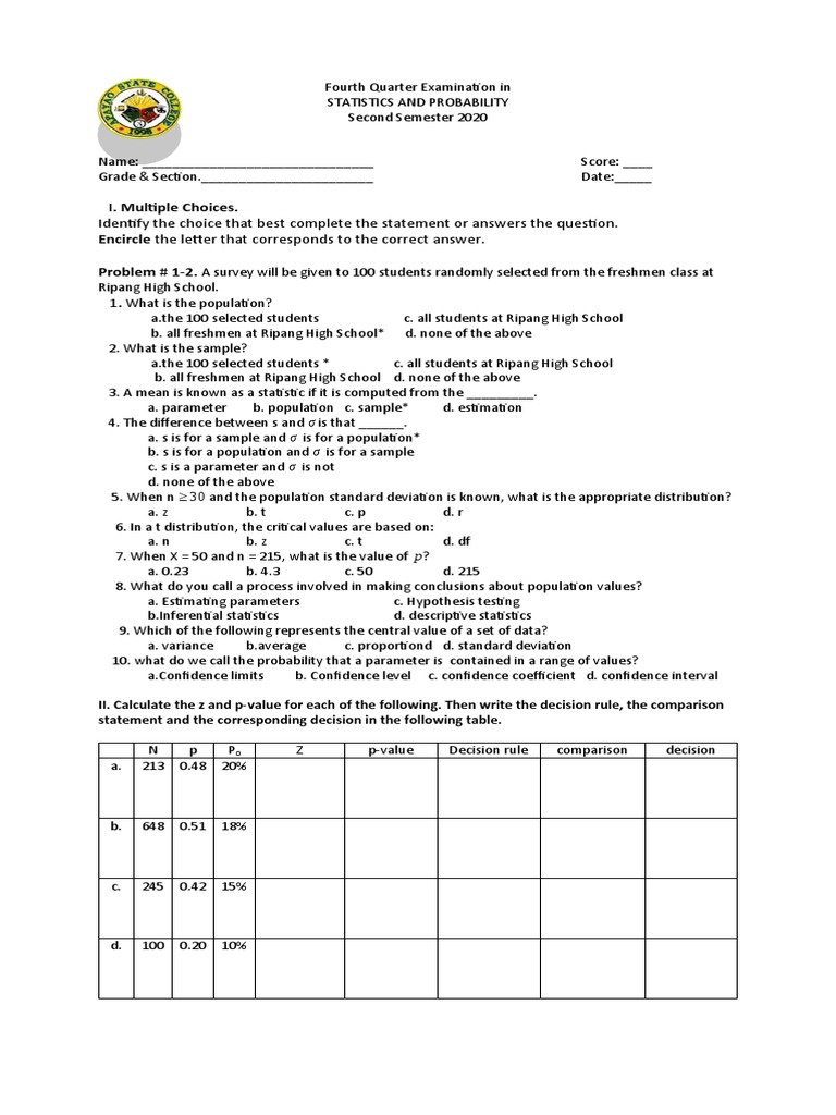 I. Multiple Choices. Identify The Choice That Best Complete The ...
