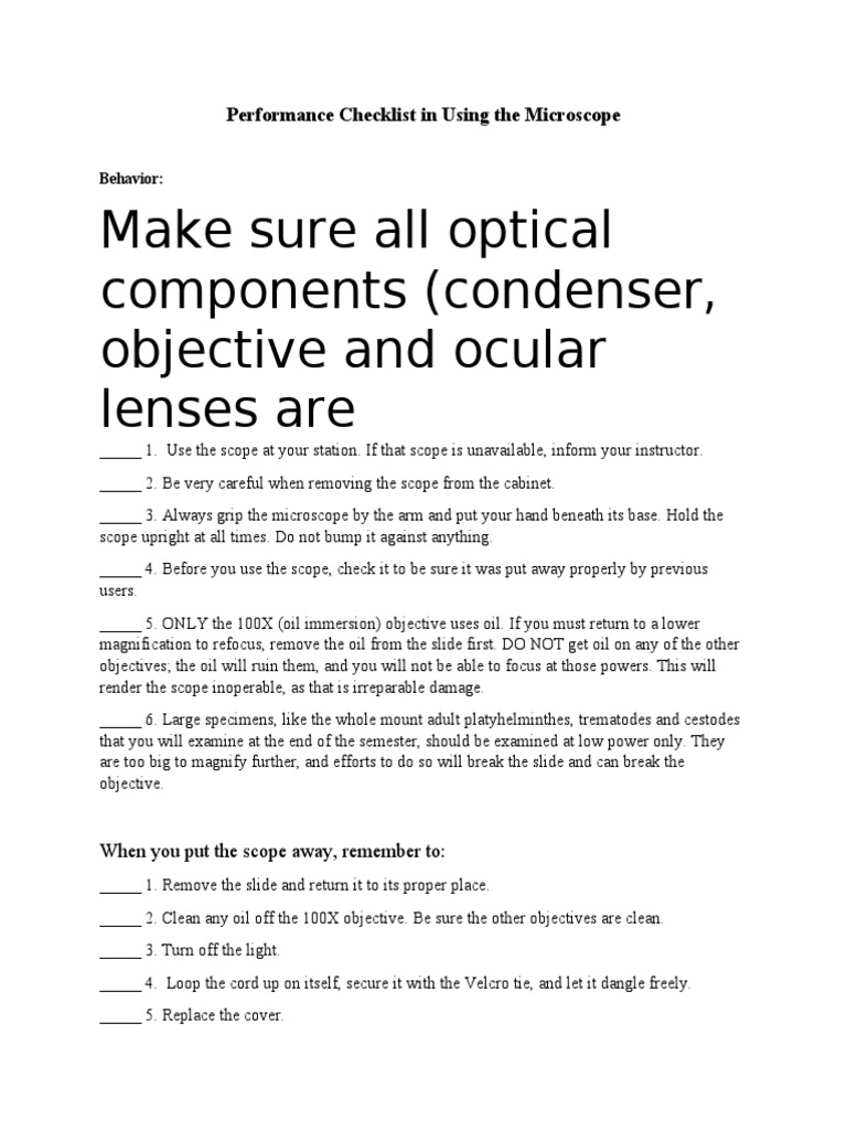 Make Sure All Optical Components (Condenser, Objective and Ocular ...