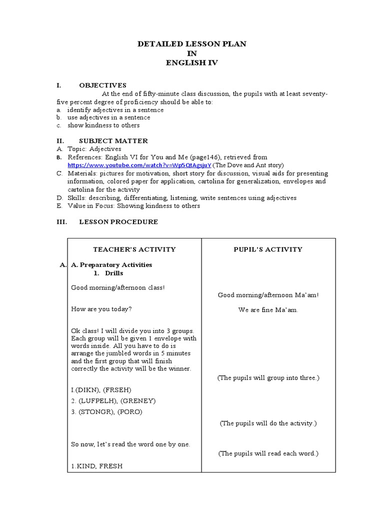 Detailed Lesson Plan (Adjectives) | PDF | Hunting | Lesson Plan