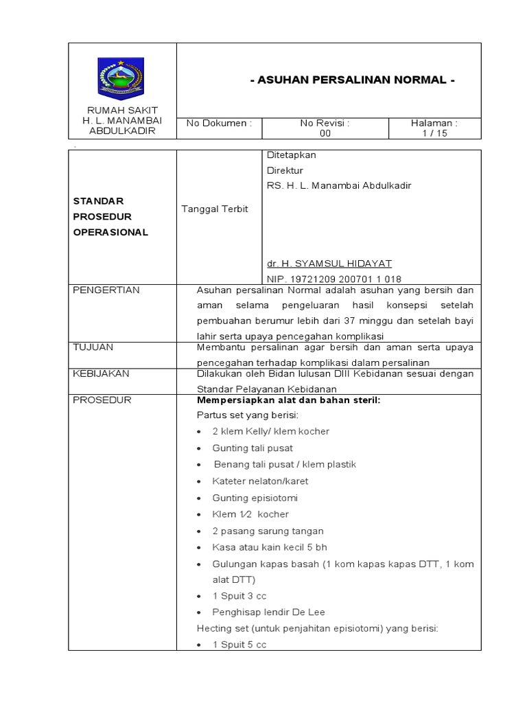 Prosedur Asuhan Persalinan Normal | PDF