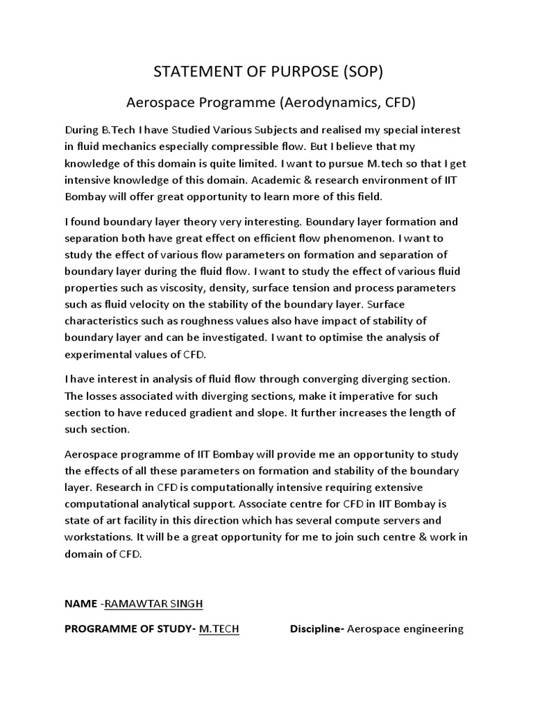 Statement of Purpose (Sop) : Aerospace Programme (Aerodynamics, CFD) | PDF
