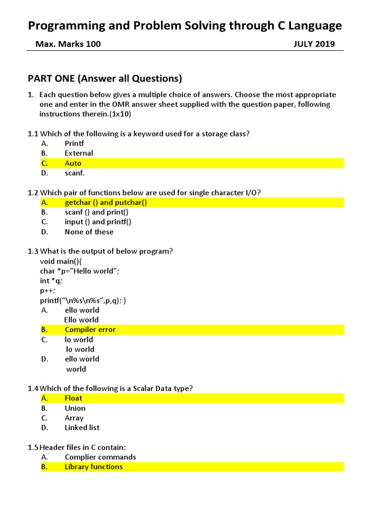 Programming and Problem Solving Through C Language: PART ONE (Answer ... Programming and Problem Solving Through C Language: PART ONE (Answer ...