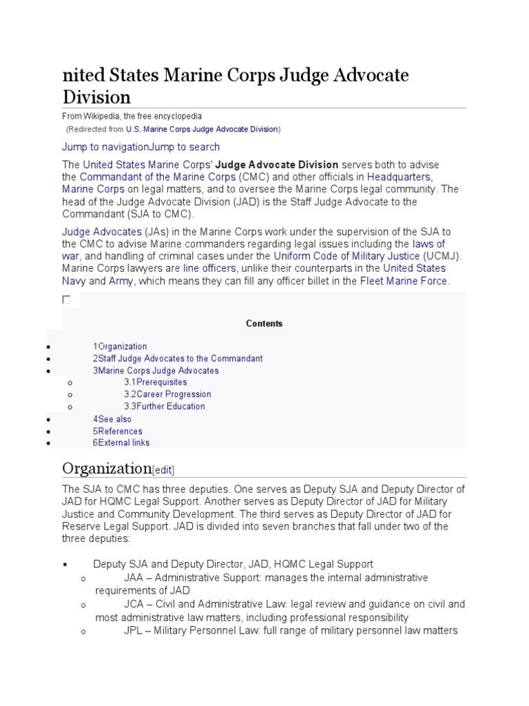 Nited States Marine Corps Judge Advocate Division: Organization ...