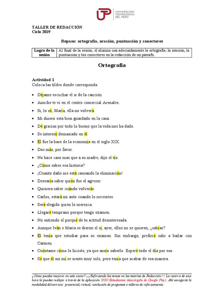 Ortografía: Repaso: Ortografía, Oración, Puntuación y Conectores | PDF ...