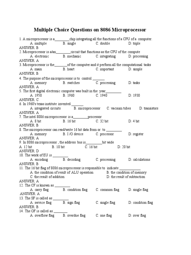 Multiple Choice Questions On 8086 Microprocessor | PDF | Central Processing Unit | Computer ...