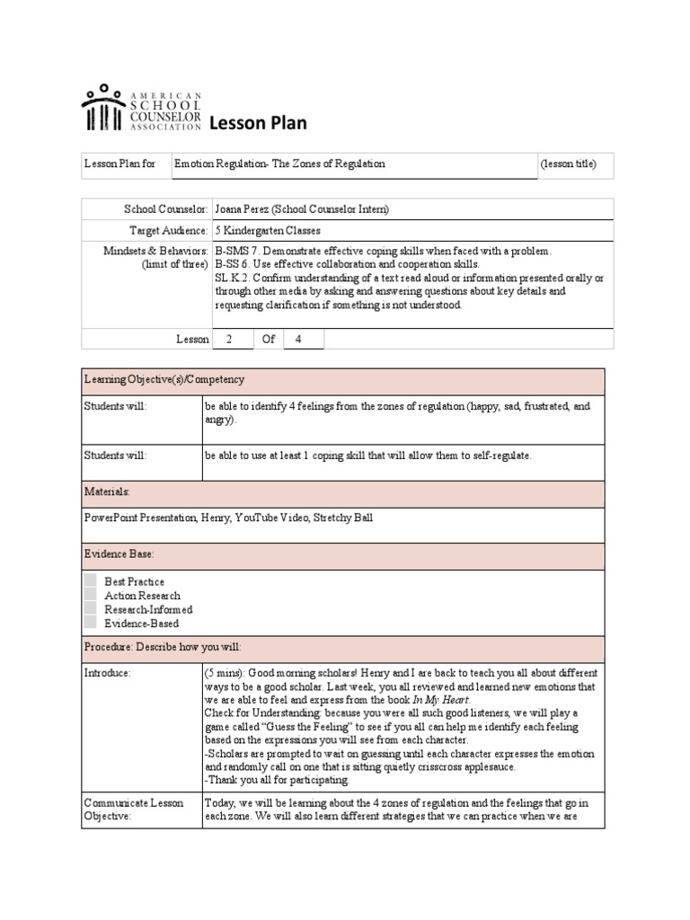 Emotion Regulation Lesson Plan PDF | PDF | Lesson Plan | Evidence Based ...