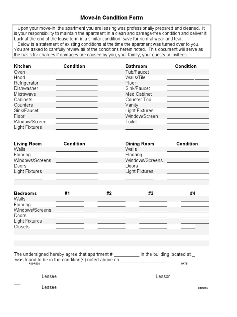 Move-In Condition Form: Kitchen Condition Bathroom Condition | PDF