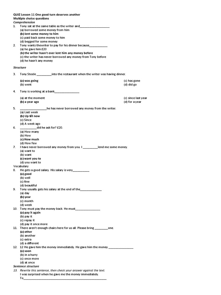 QUIZ Lesson 11 One Good Turn Deserves Another | PDF | Home & Garden | Art