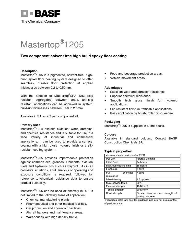 Mastertop 1205: Two Component Solvent Free High Build Epoxy Floor ...